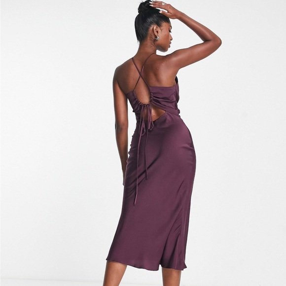 ASOS | Dresses | Nwt Asos Design Knot Front Satin Midi Dress With Tie Back Detail In Wine | Poshmark